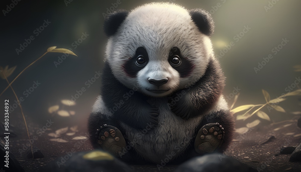 cute baby panda sad in the forest. Created with Generative AI. Stock ...