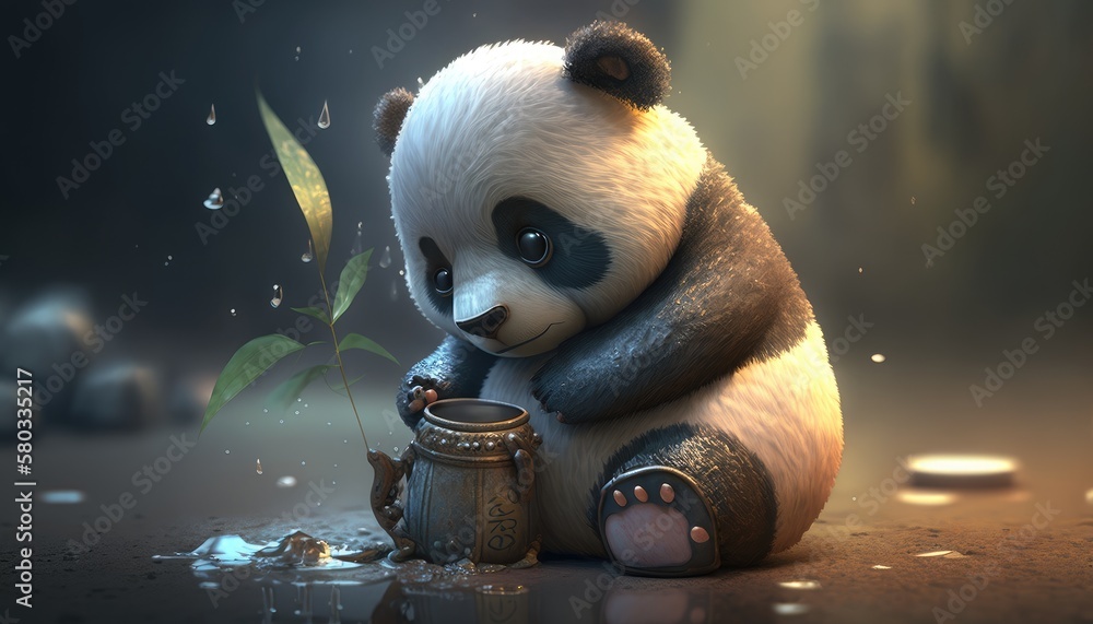 cute baby panda sad in the forest. Created with Generative AI. Stock ...