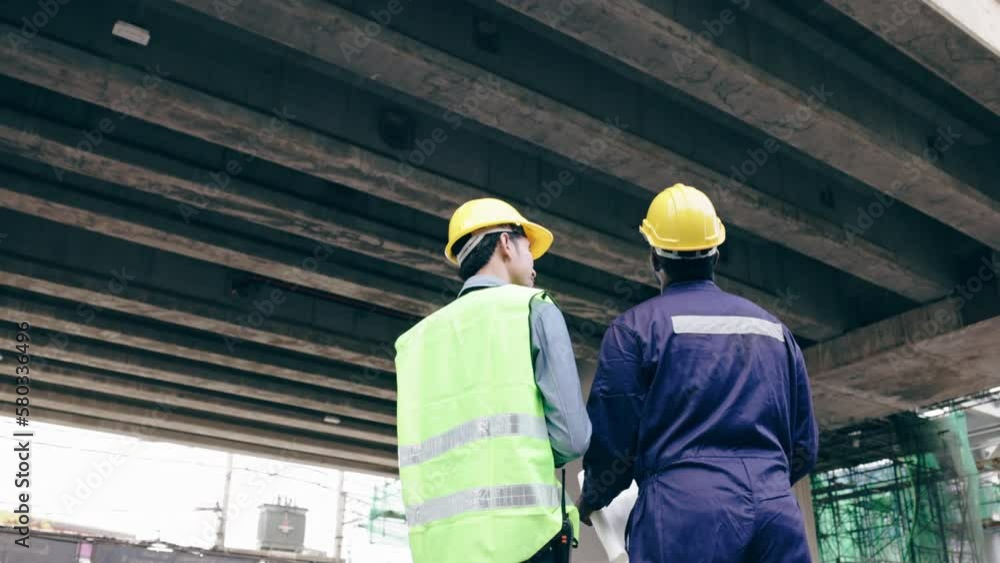 Structural engineers and construction workers are holding blueprints ...