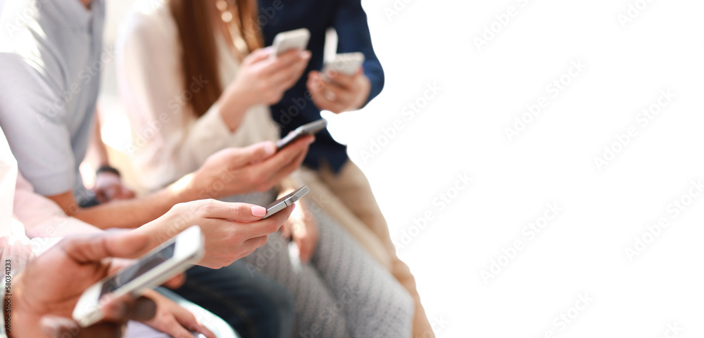 Group of students watching smartphones. Young people addiction to new ...