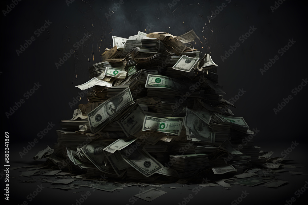 Big pile of money, heaps of cash, dark and cinematic finance background ...