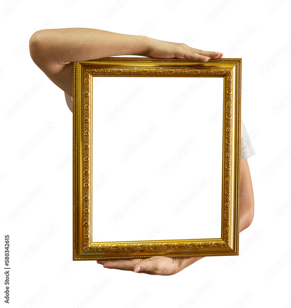 Hand holding golden frame vintage style isolated on transparent ...