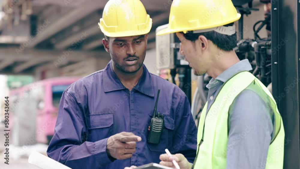 Structural engineers and construction workers are holding blueprints ...