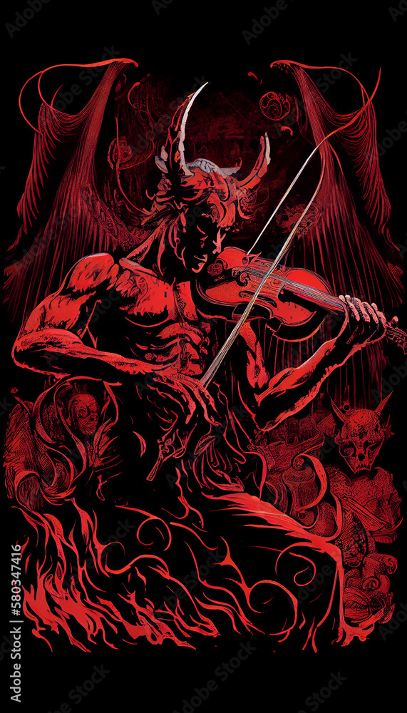 Red devil plays the violin on hell fire, flame. AI generative content ...