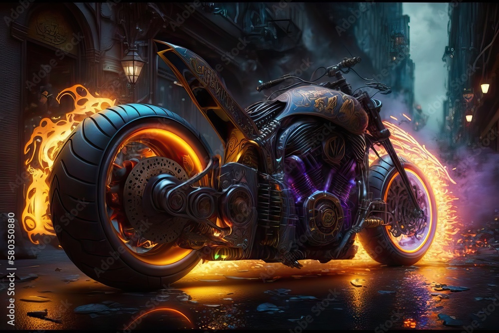 Amidst flames and bolts of lightning, the chopper roars with unbridled ...