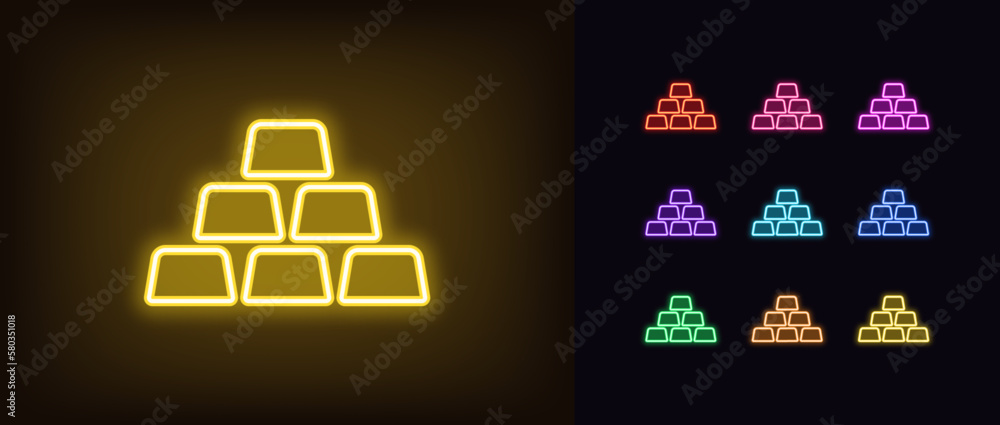 Outline neon golden bars icon set. Glowing neon gold ingot sign, golden ...