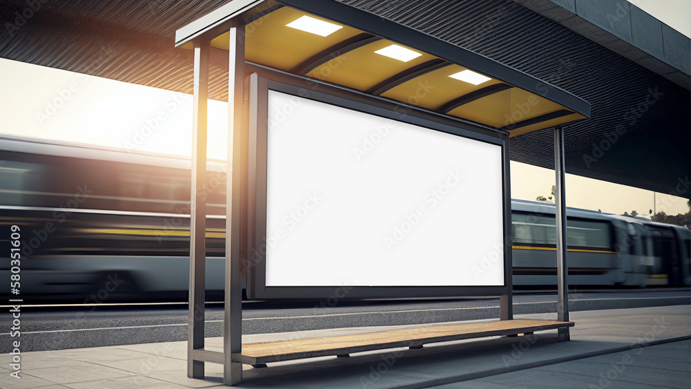 Horizontal blank billboard at train station. White empty poster banner ...