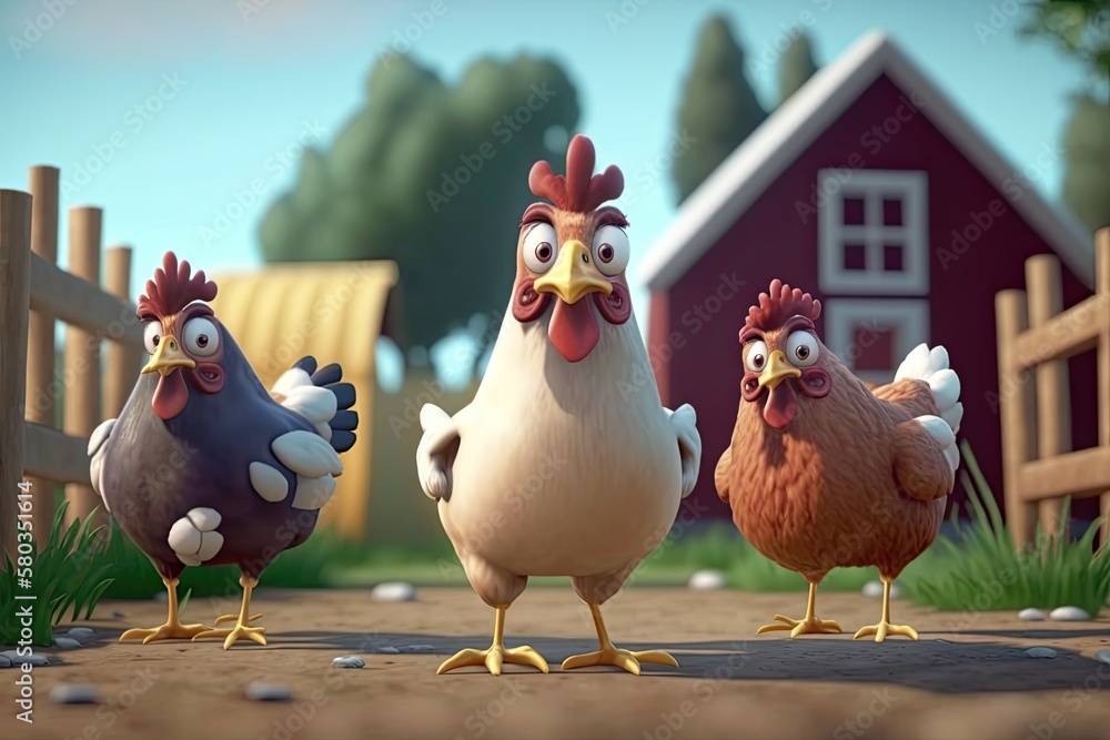 Three Cartoons Chickens on a Farm (Generative AI) Stock Illustration ...