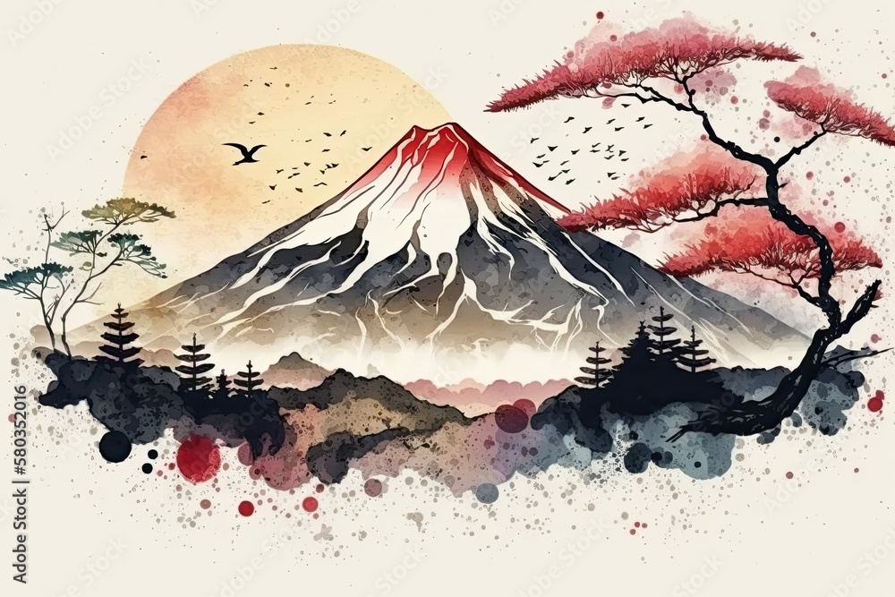 oriental mount fuji design watercolor in traditional Japanese style ...