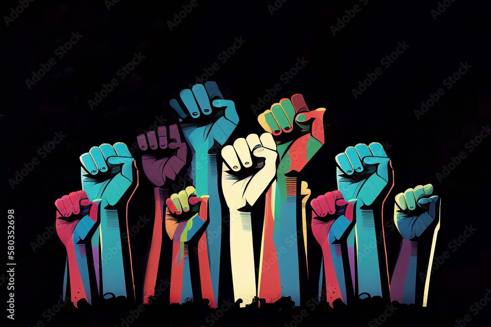 Set of raised up fist symbols with different races hands, protest ...
