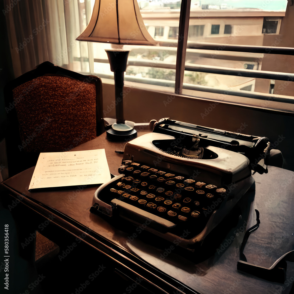 An old typewriter stands on a desk in an empty hotel room. ai ...