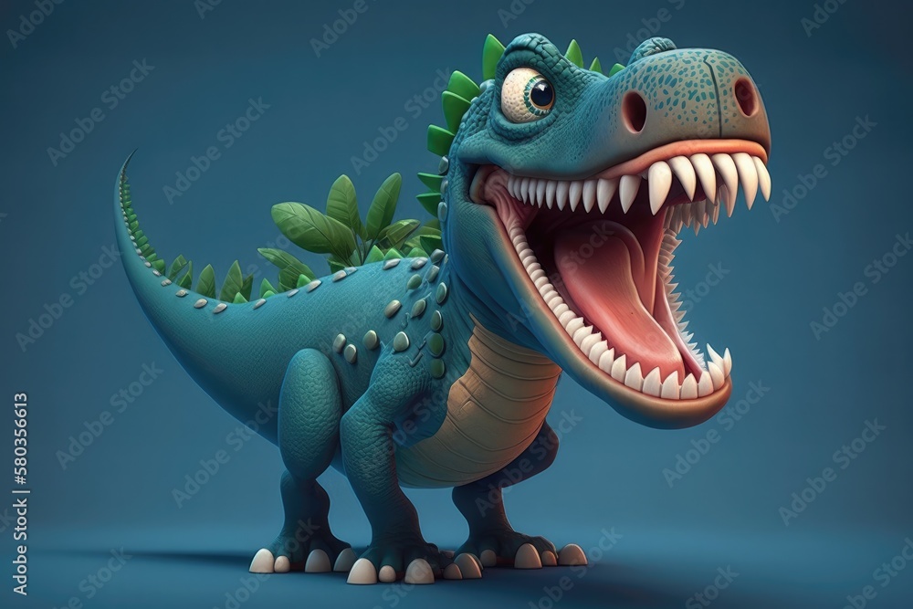3D super cute cheerful Allosaurus cartoon. A group of primitive reptile ...