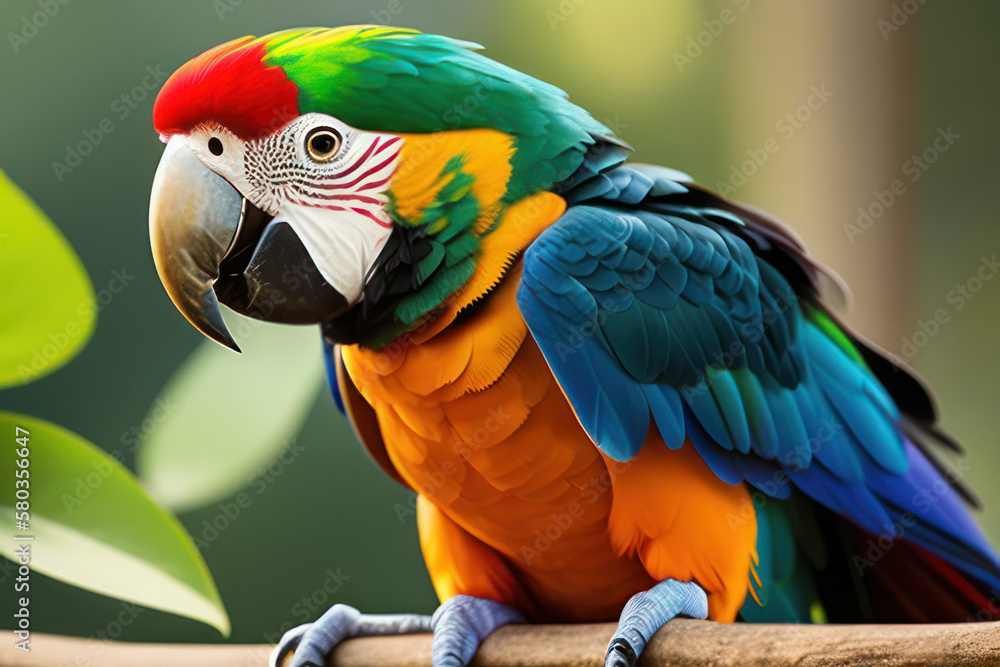 Ara parrot in the treetops in a tropical rainforest. Comforting ...