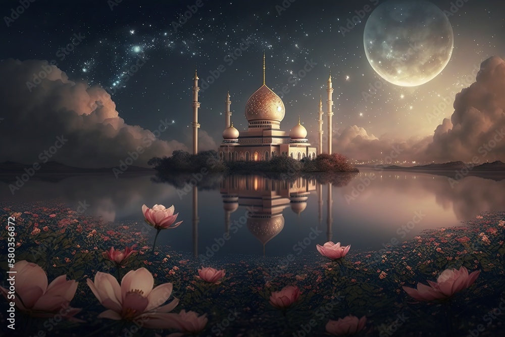 an elegant mosque landscape , islamic background , ai generated Stock ...