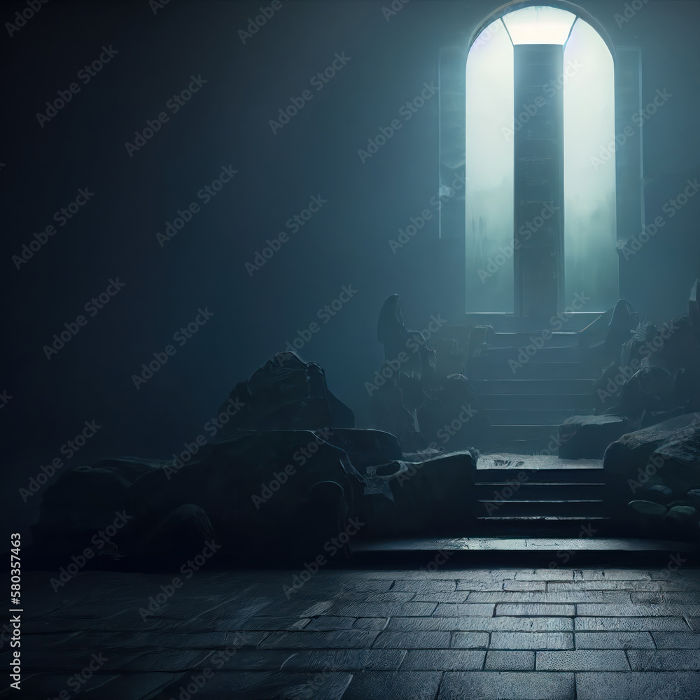 Generative AI illustration image of an empty throne room in a ruined ...