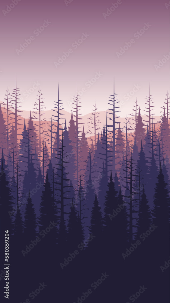 mountain scenery view with forest silhouette in portrait orientation ...