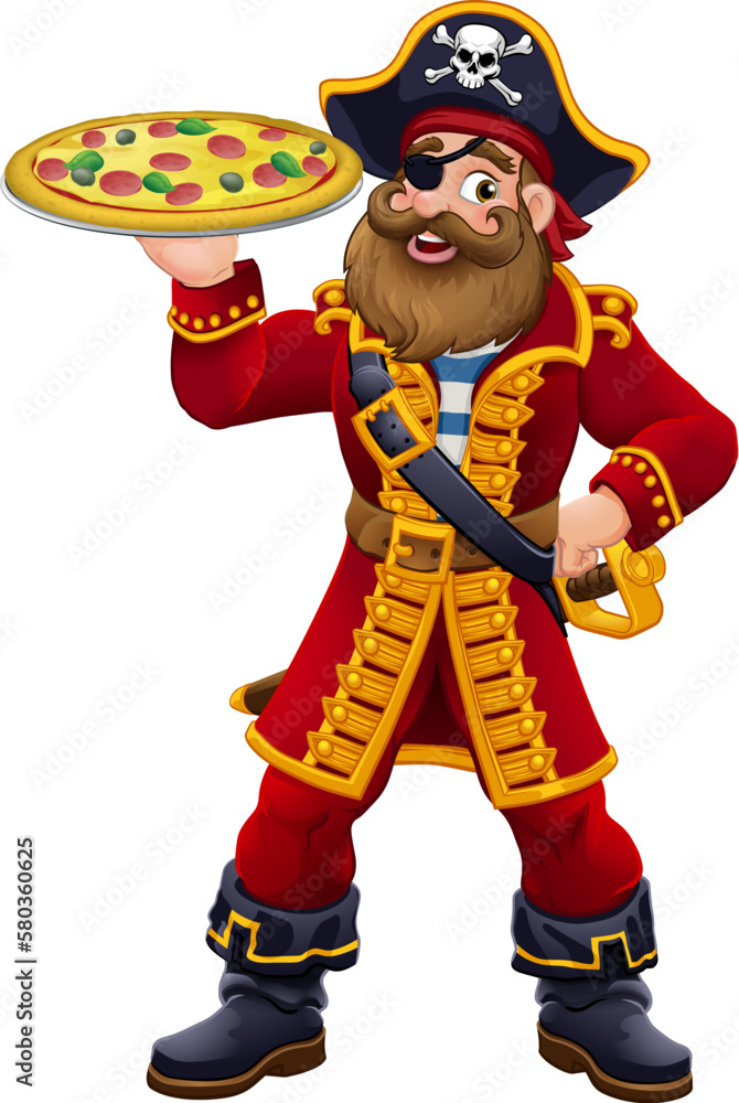 A pirate captain chef or waiter serving pizza cartoon character mascot ...