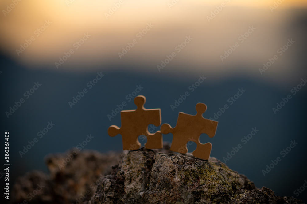 connect couple puzzle piece with sunset background. empty copy space ...