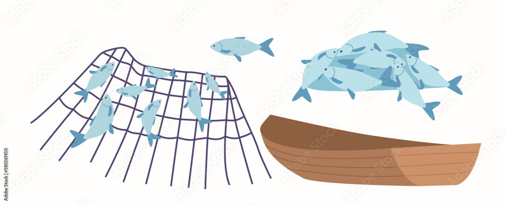 Fish Caught In Wooden Boat with Nets Isolated on White Background ...