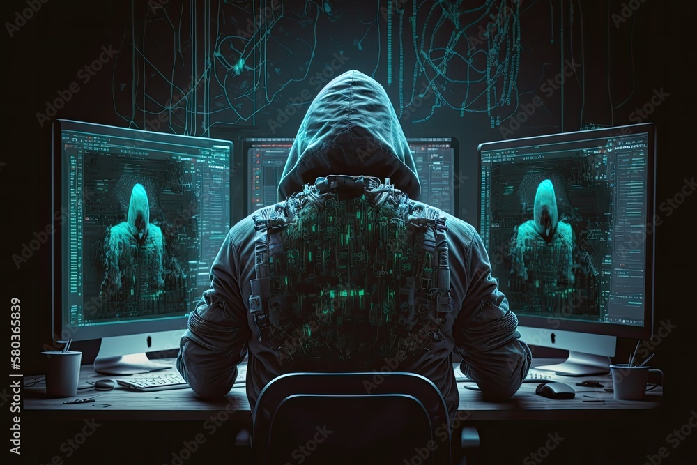 dangerous hacker writing a malware to hack a network. hacker with multiple screens. Generative ...