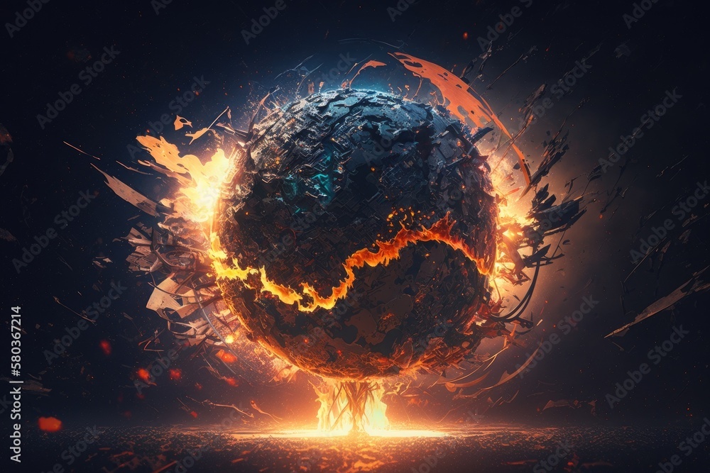 Burning and bursting globe on an abstract apocalyptic background ...