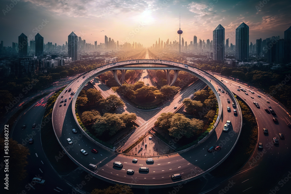 Top view of car traffic on multi-lane highways or expressways, traffic ...