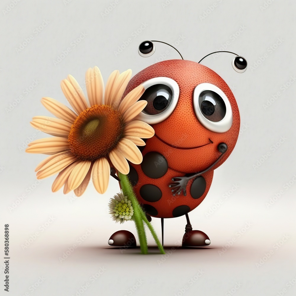 cartoon illustration, cute ladybug with a flower, ai generative Stock ...