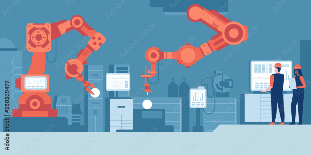 Industry 4.0 modern factory. Project engineer talks to female operator ...