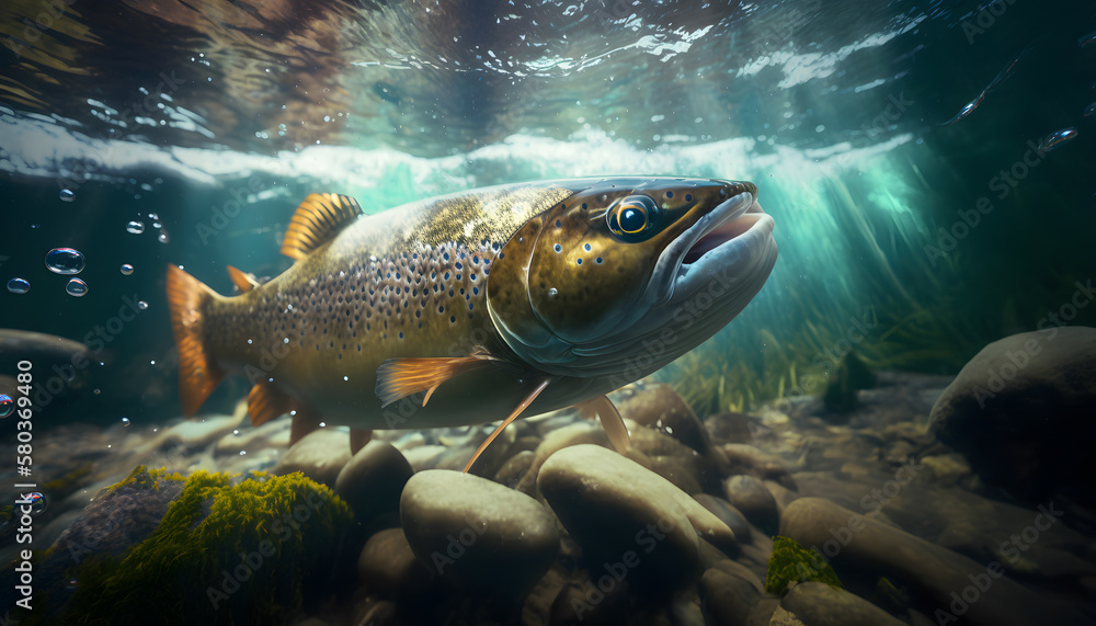 Predatory fish salmon trout in habitat under water looking for prey ...