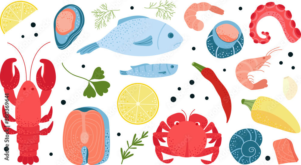 Seafood cartoon flat product. Drawn lobster and rosemary, fish lemon ...