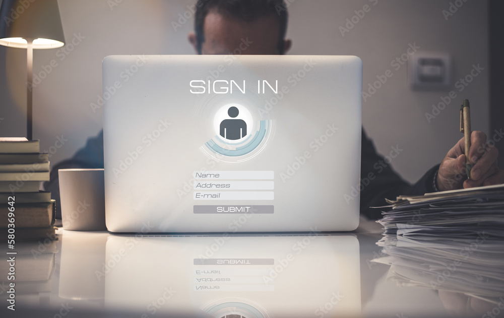 Man sign up and login. Registration, enter, sign in, membership concept ...