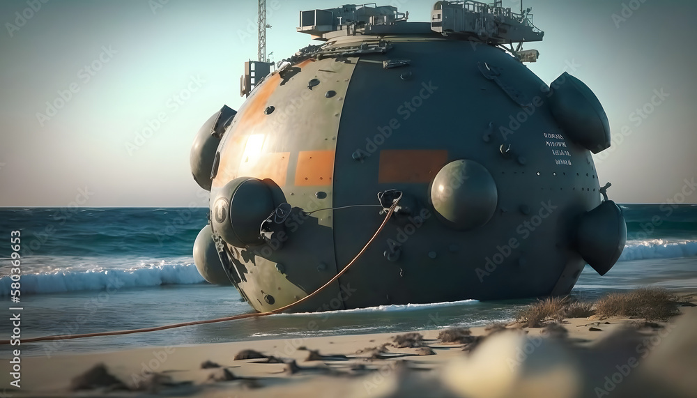 Marine mines for ship on beach of sea. Danger war bomb. Generation AI ...