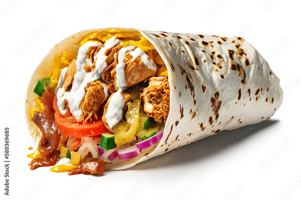 Shawarma or Doner with chicken roll on isolated white background ...