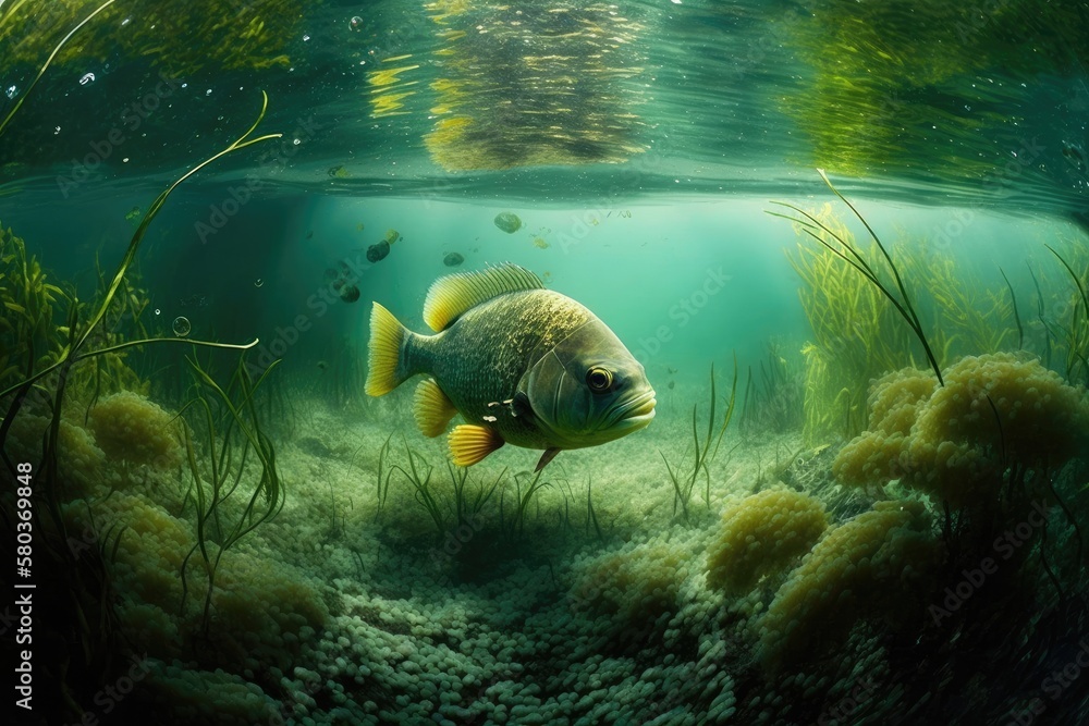 Aquatic ecosystem, freshwater landscape, green world, fish in river ...