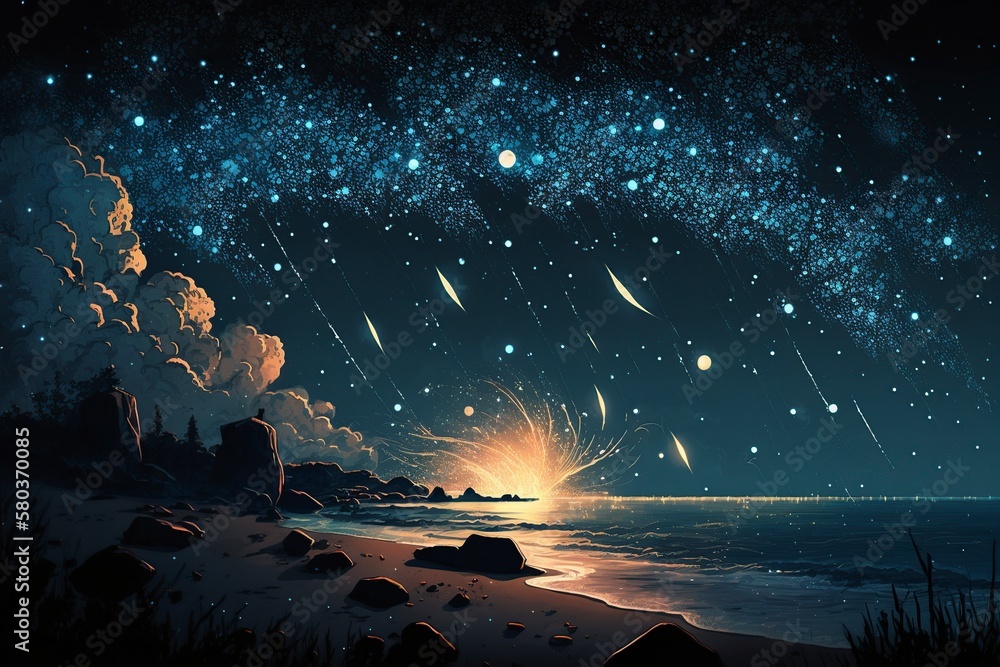 cartoon illustration of stars and meteors over a sea of moonlight, ai ...