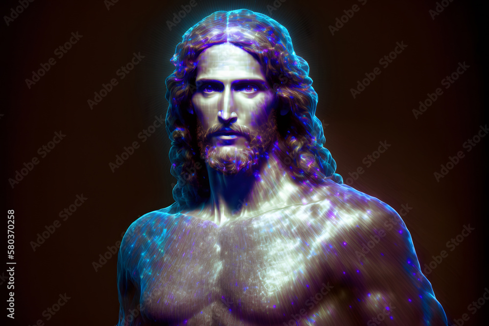 hologram of Jesus Chist on black background, neural network generated ...