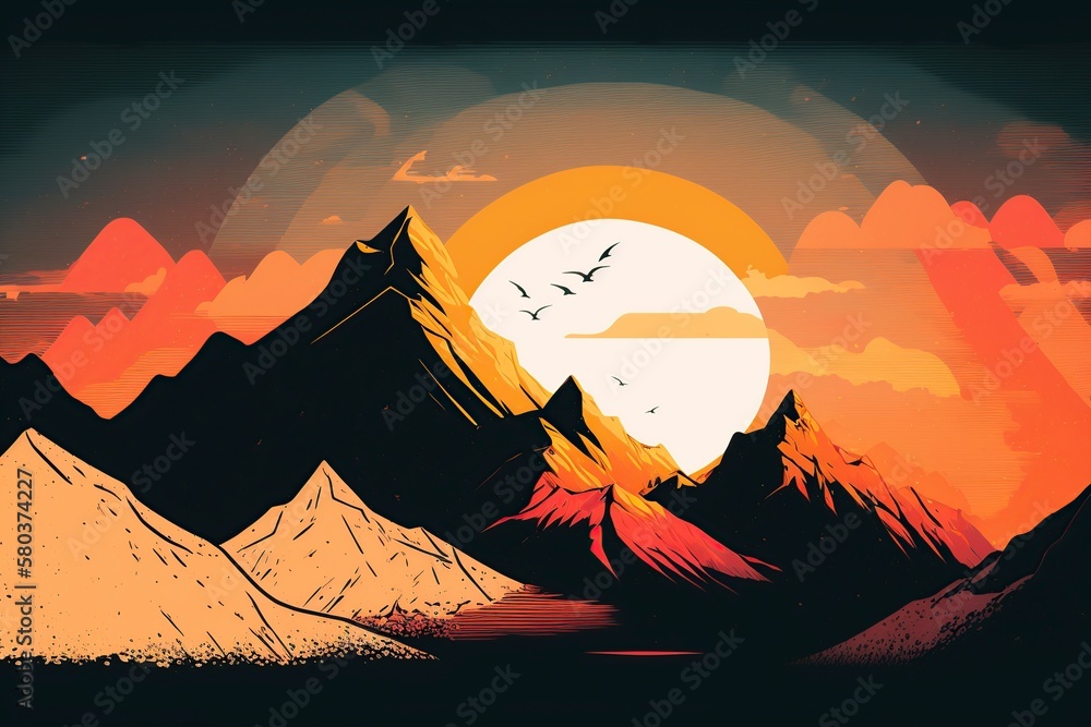 cartoon illustration, sunrise over the mountain peaks, generative ai ...