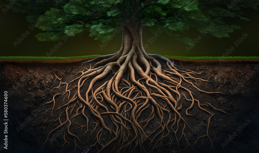 Cross-section of the soil depths beneath the tree with intricate roots system. Generative AI ...