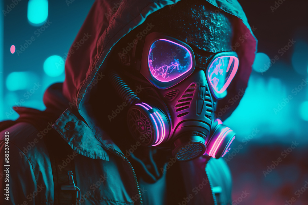 Realistic cyberpunk character, neon gas mask, retro light wave Stock ...