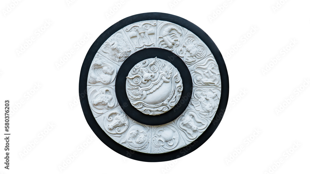 Zodiac signs isolated on white background. Round stone zodiac sign ...