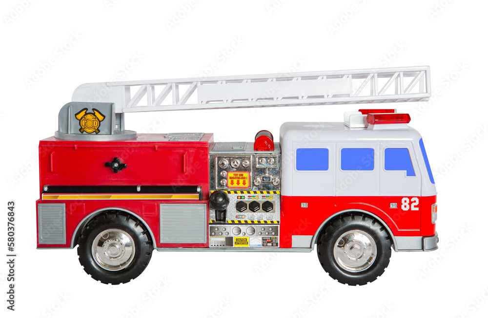 Toy red and white fire truck with blue windows, black wheels, white ...