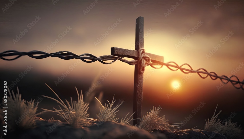 Sunset glowed above the cross of Jesus Christ on a backdrop of Calvary ...