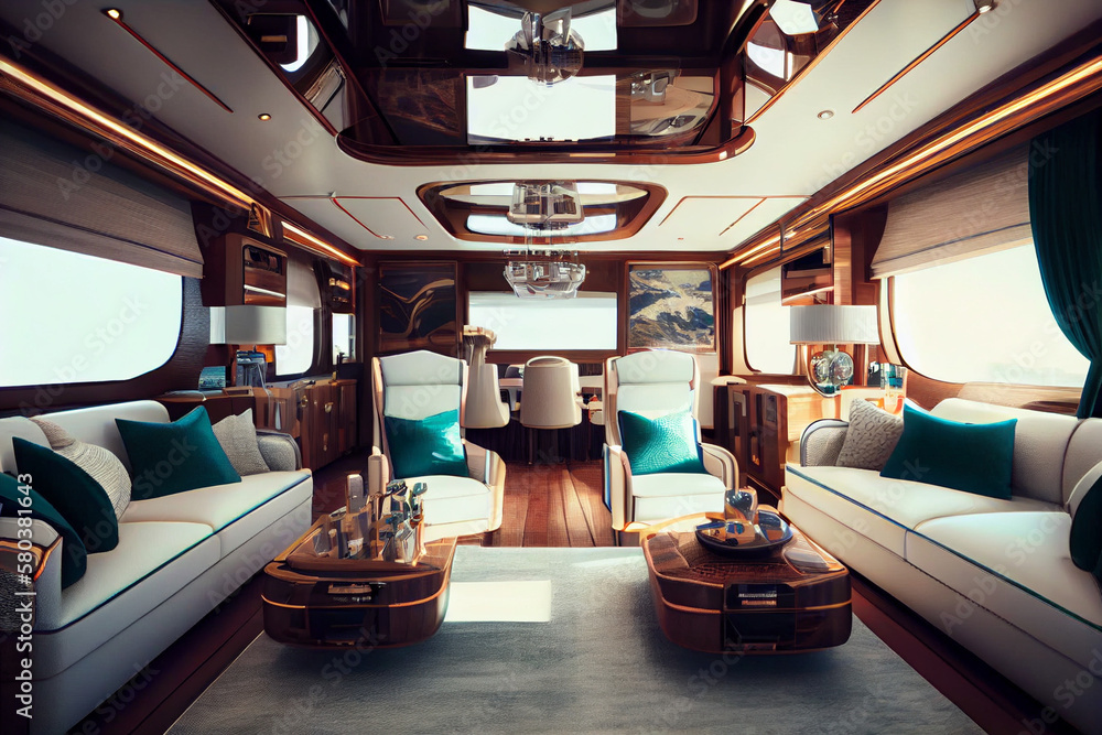 The interior of the cabin of a luxury yacht or speedboat, the sea is ...