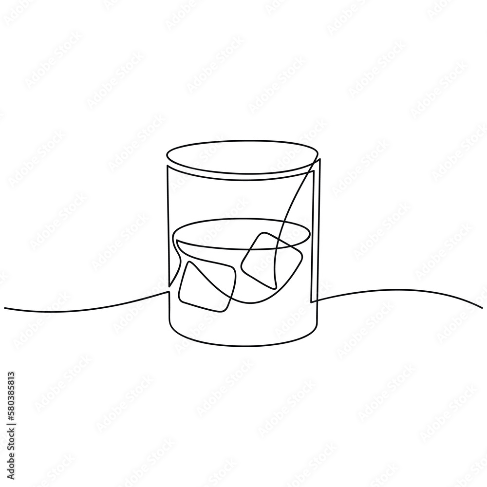 Whiskey glass on the rocks one line continuous drawing. Bourbon, scotch ...