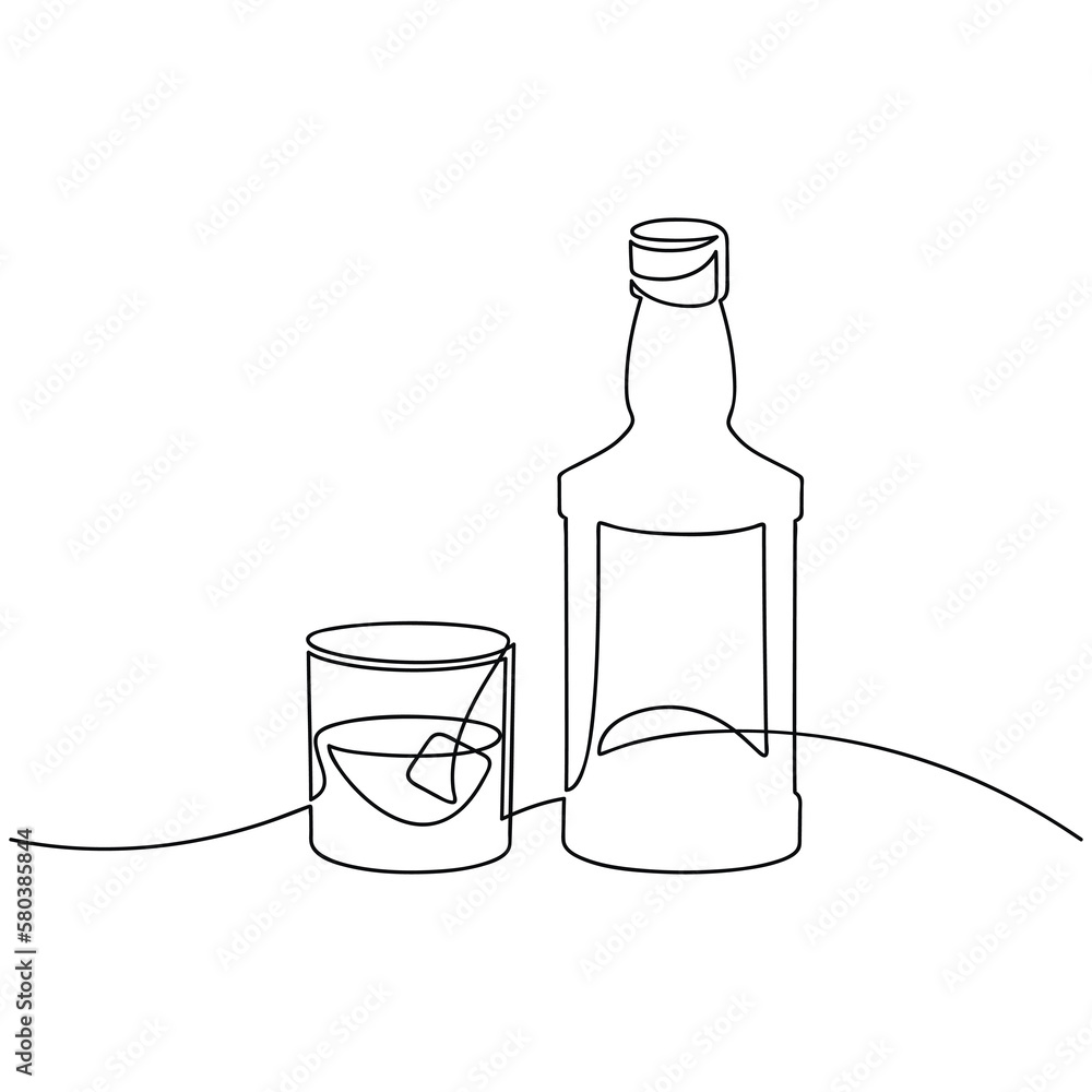 Set of whiskey bottle and glass one line continuous drawing. Bourbon ...