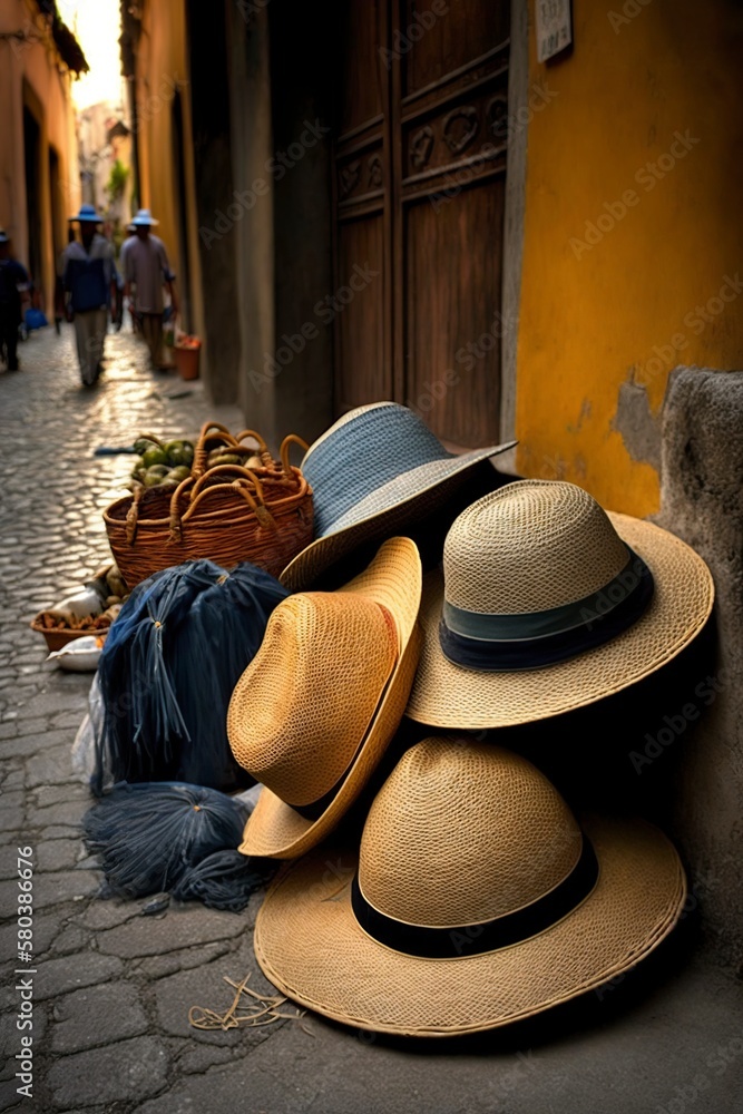 cartoon illustration, various wicker hats scattered on the side outlets ...