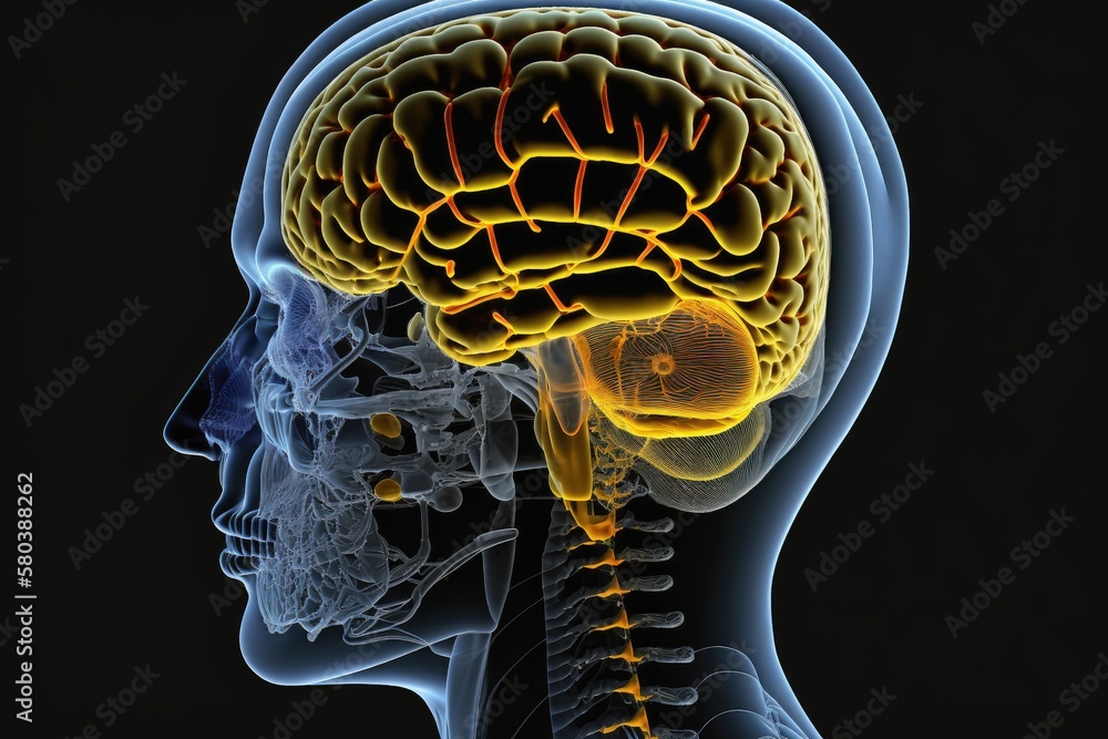 Scanned human head in profile, bright orange brain and head and neck ...