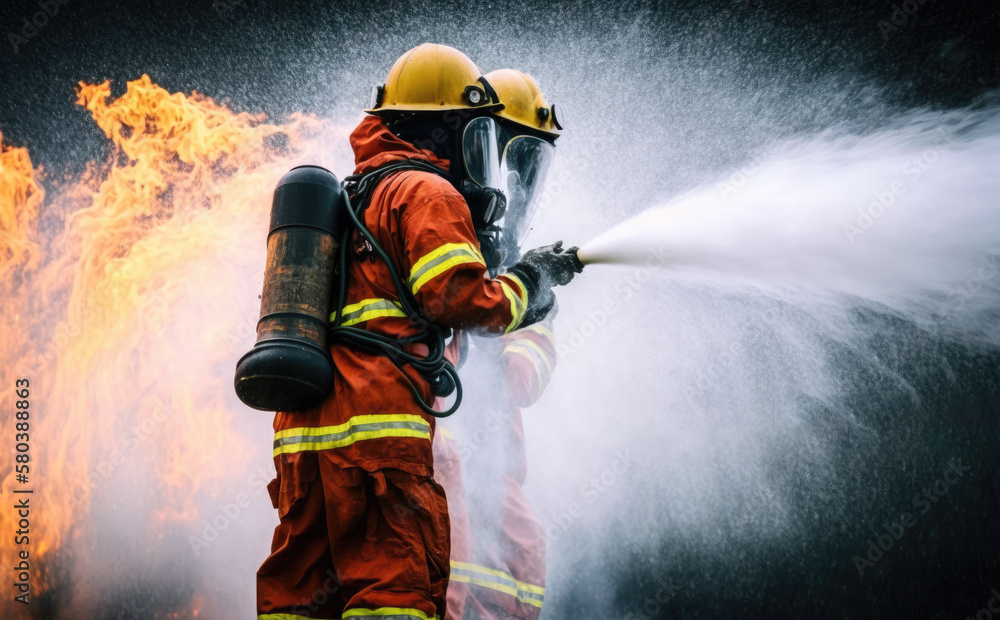 Firefighters using Twirl water fog type fire extinguisher to fighting ...