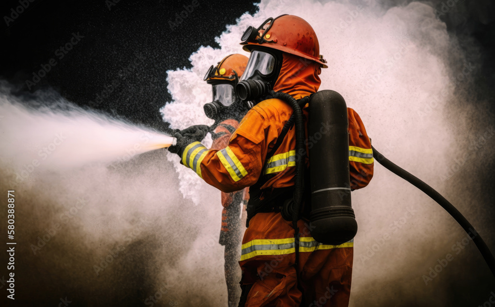 Ilustracja Stock: Firefighters using Twirl water fog type fire ...