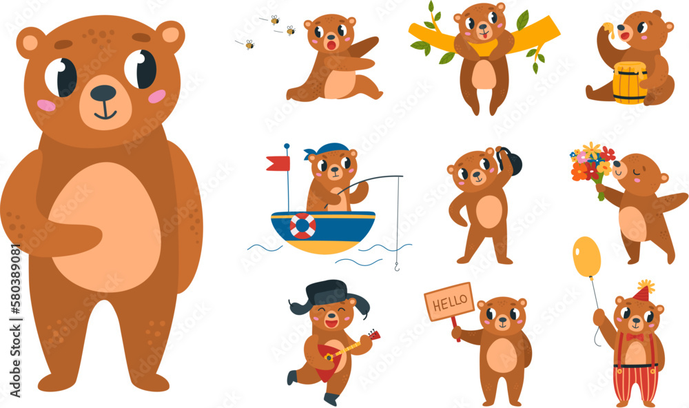Cartoon comic bears various emotions. Bear different poses, cute forest ...